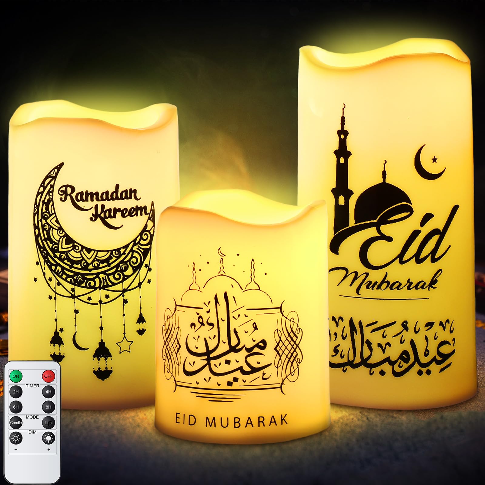 Amazon.com: Tujoe 3 Pcs Eid Mubarak Flickering Flameless Candles ...