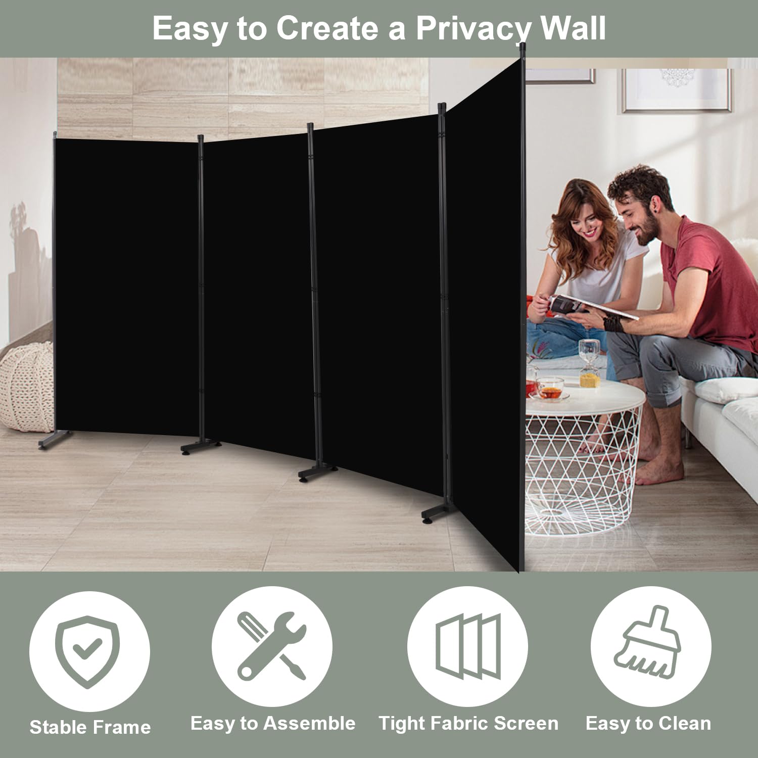 Room Divider 6FT 2 Panel Privacy Screen, 204'' Wide Fabric Indoor Room ...