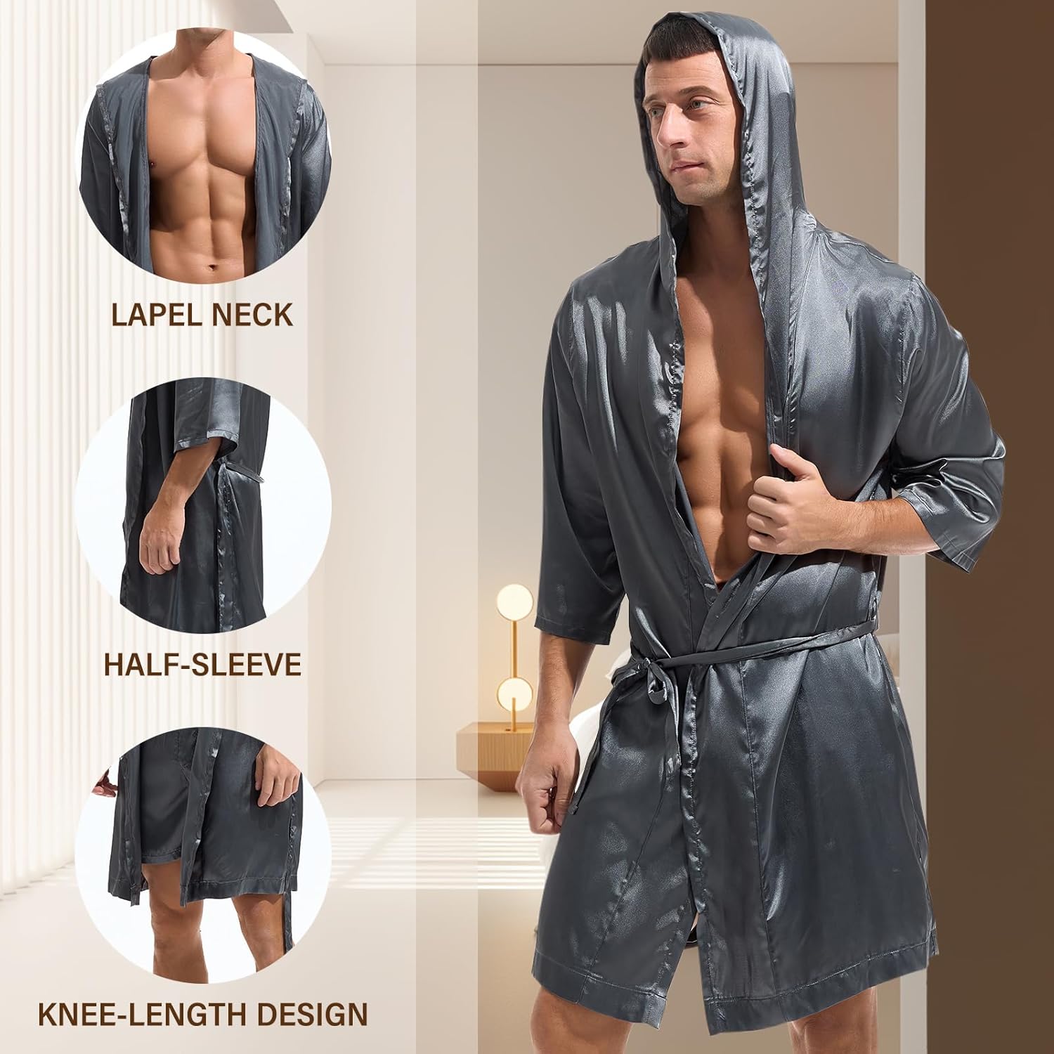 AMY COULEE Mens Silk Robe with Shorts 2 Pcs Satin Boxers Hooded ...