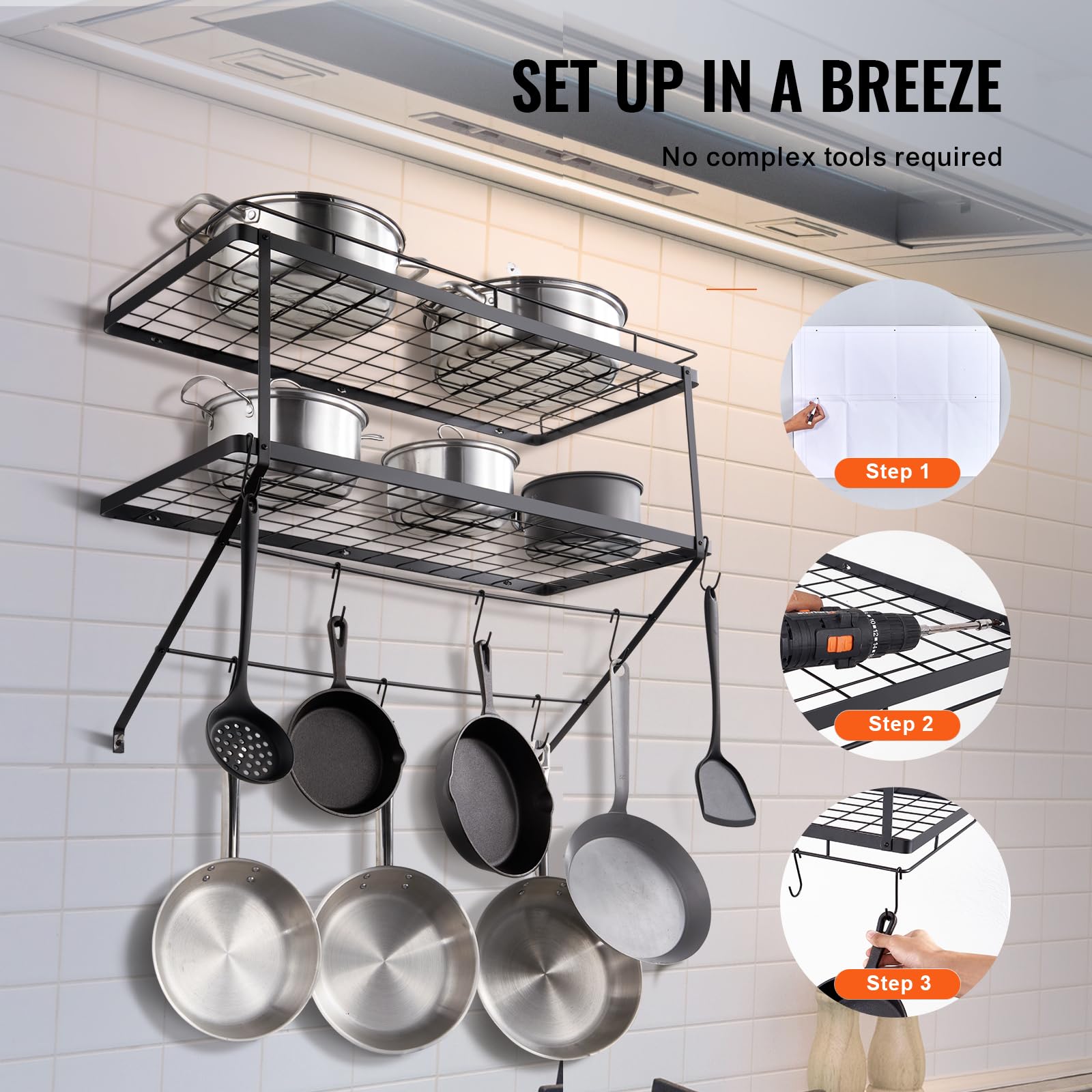 VEVOR Pot Rack Wall Mounted, 30 inch Pot and Pan Hanging Rack, Pot and ...