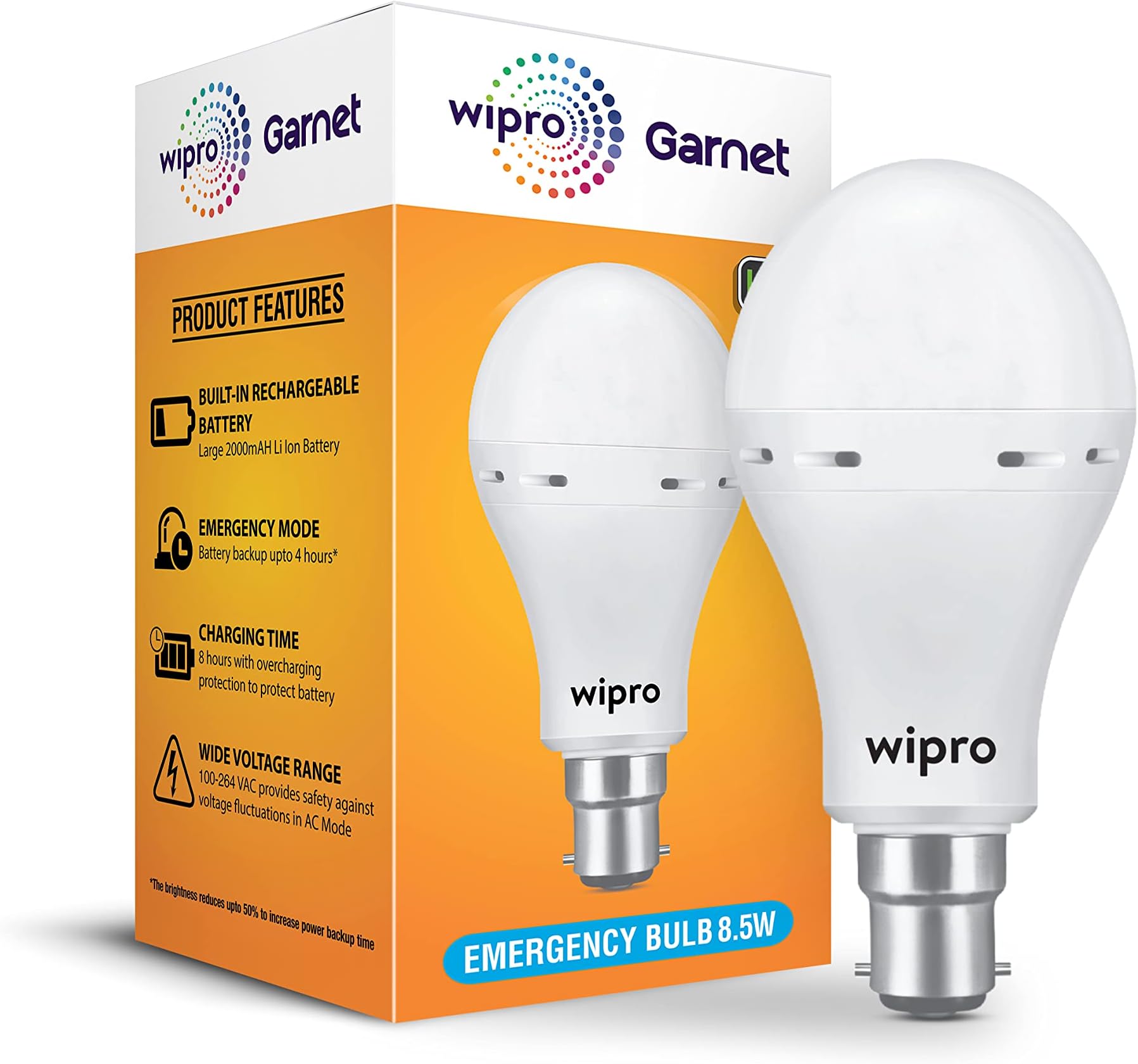 Buy Wipro Garnet 8.5w LED Emergency Bulb | Cool Day White (6500K) | B22 ...