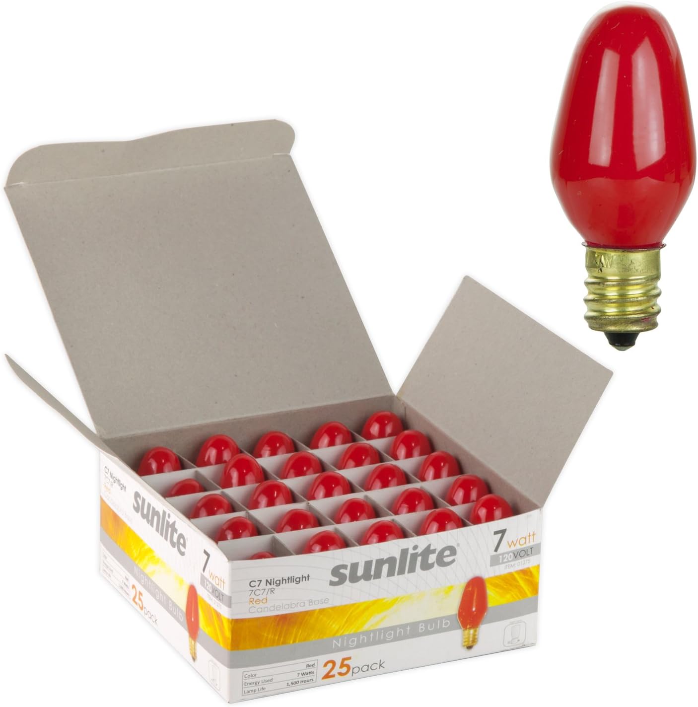 Sunlite 01275 7C7 Incandescent Bulb, 7 Watt, Candelabra E12 Base, C7 ...