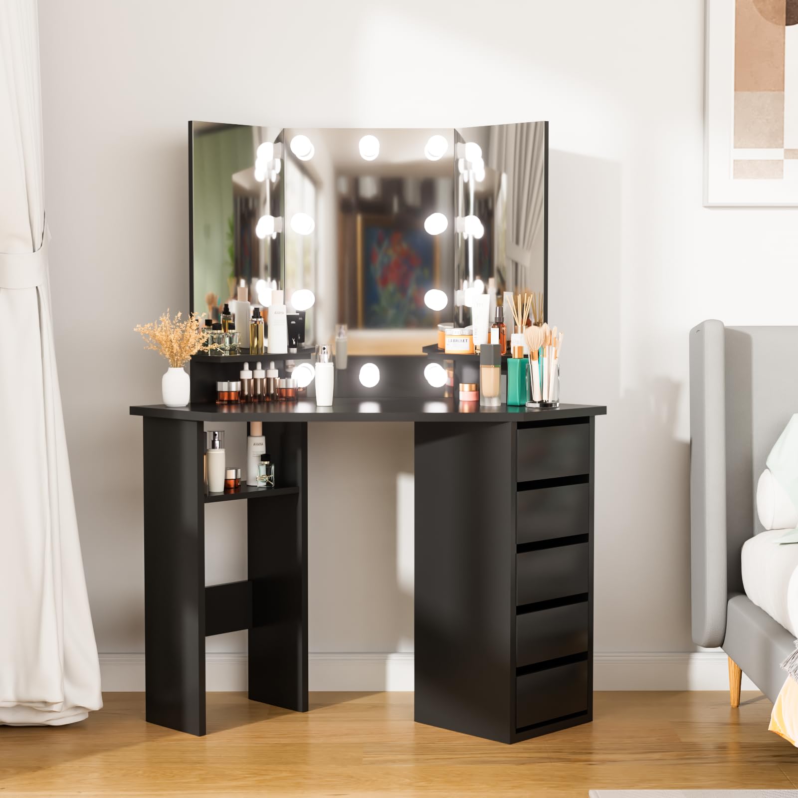 Corner Makeup Vanity Desk with Lights - Black Makeup Table with 5 ...