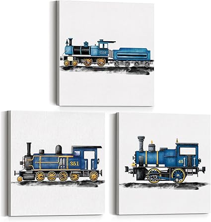 Amazon.com: Set of 3 Blue Steam Train Nursery Vehicle Art Canvas Wall ...