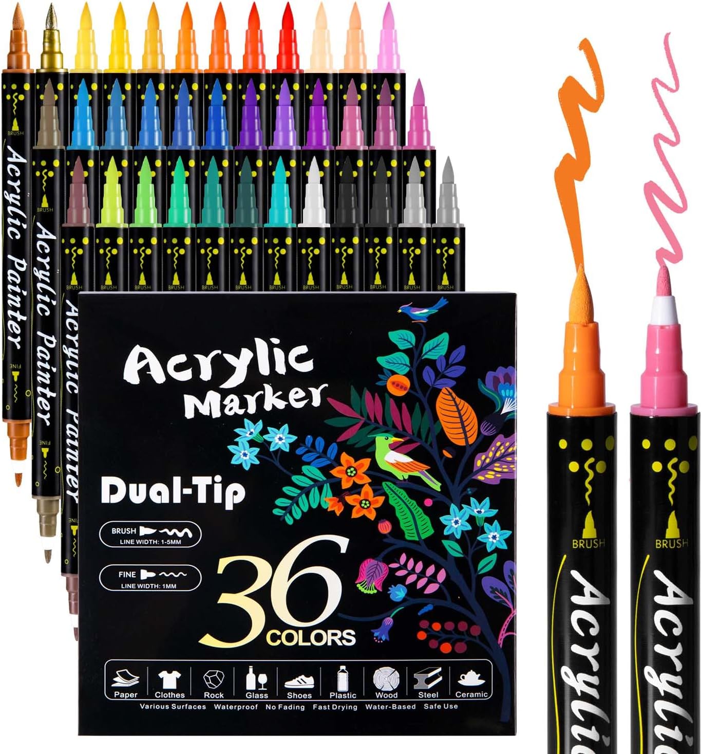 Amazon.com: Jaoul 36 Colors Dual Tip Acrylic Paint Pens, Brush and Fine ...