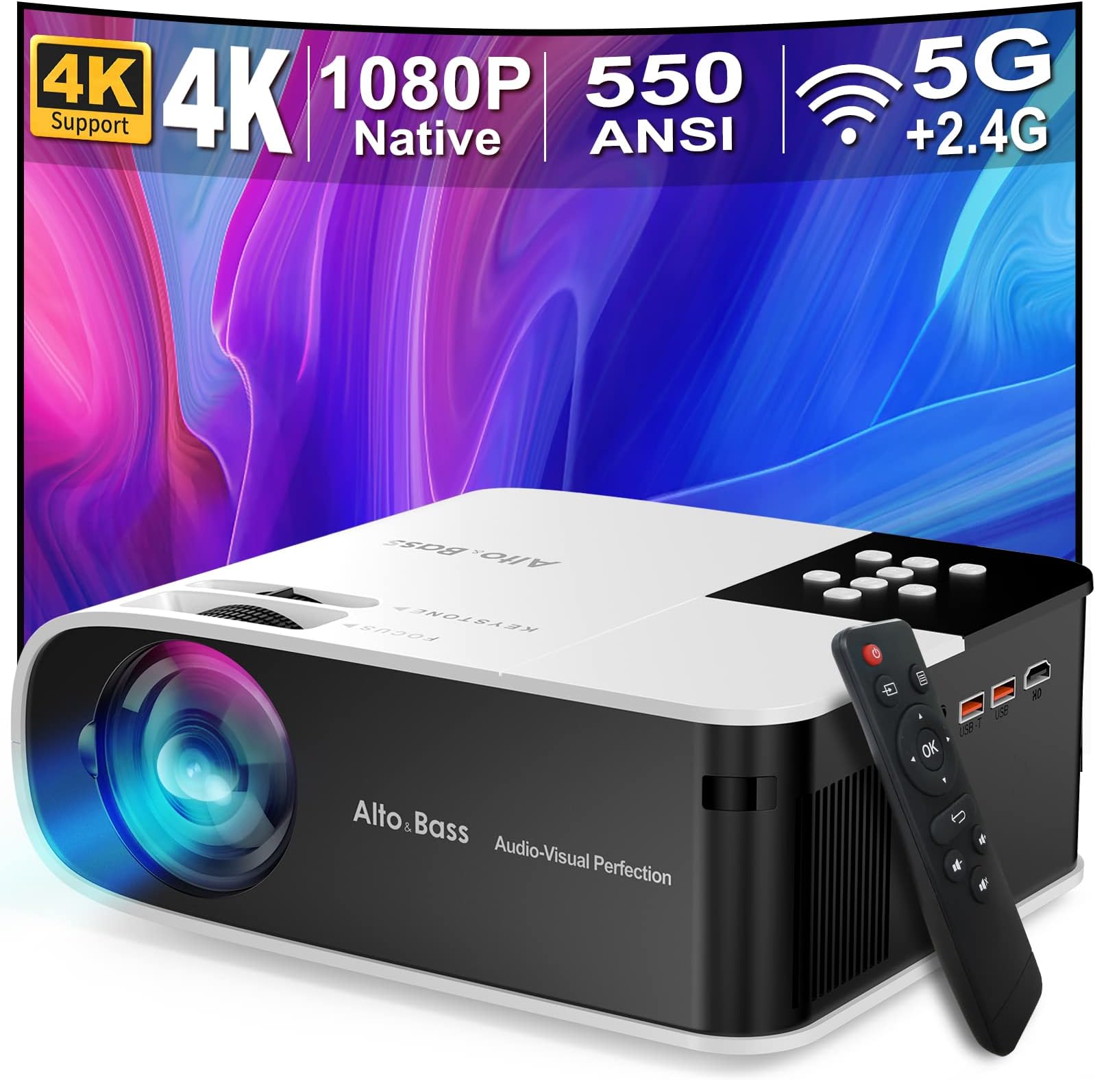 Amazon.com: Projector with 5G WiFi and Bluetooth, 550ANSI Native 1080P ...