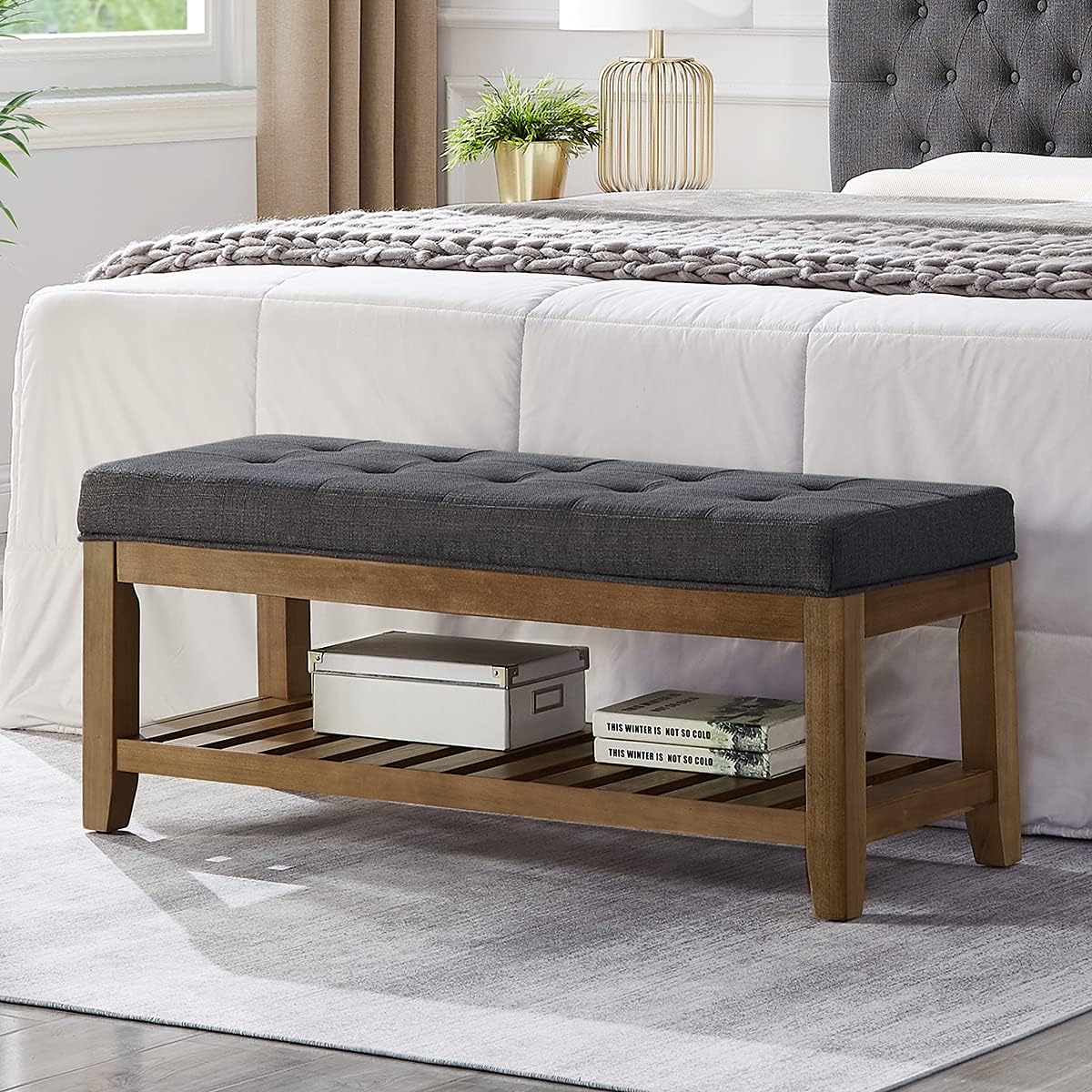 Amazon.com: HOMCOM 44" Tufted Faux Leather Ottoman Storage Bench with ...