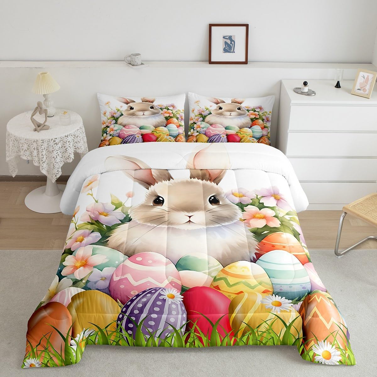 Amazon.com: jejeloiu Bunnies Comforter Set King Size Kids Easter Eggs ...