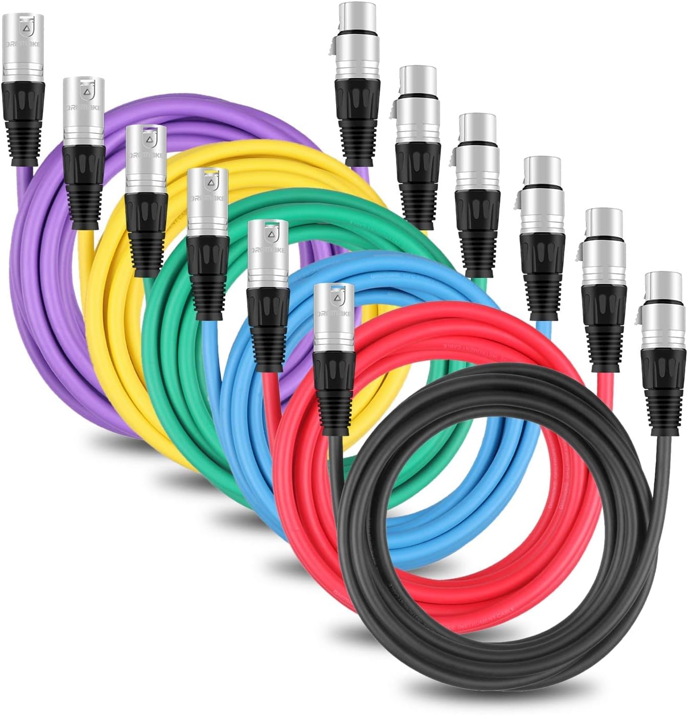 (pack of 6) Male XLR 3-Pin to Female XLR 3-Pin Multi-Coloured Cables ...