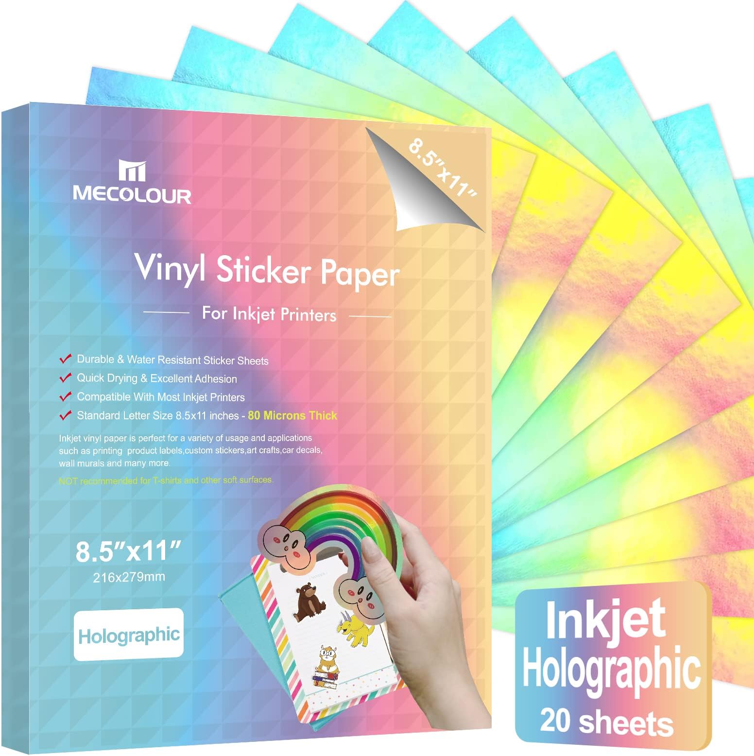 Amazon.com : 20 Sheets Holographic Sticker Paper 8.5x11 inch Printable ...