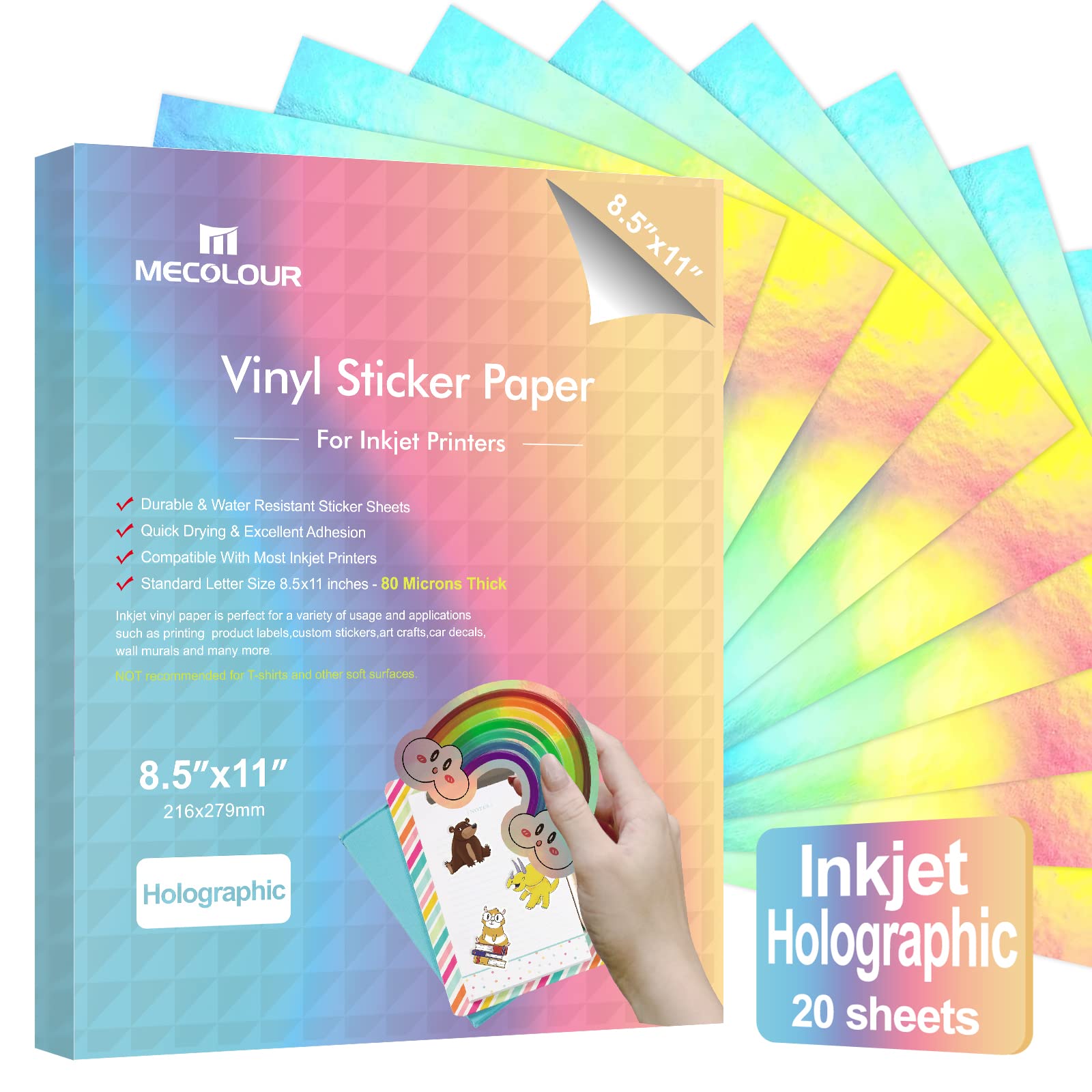 Buy Holographic Sticker Paper Printable Rainbow Vinyl 20 Sheets 8 5 X