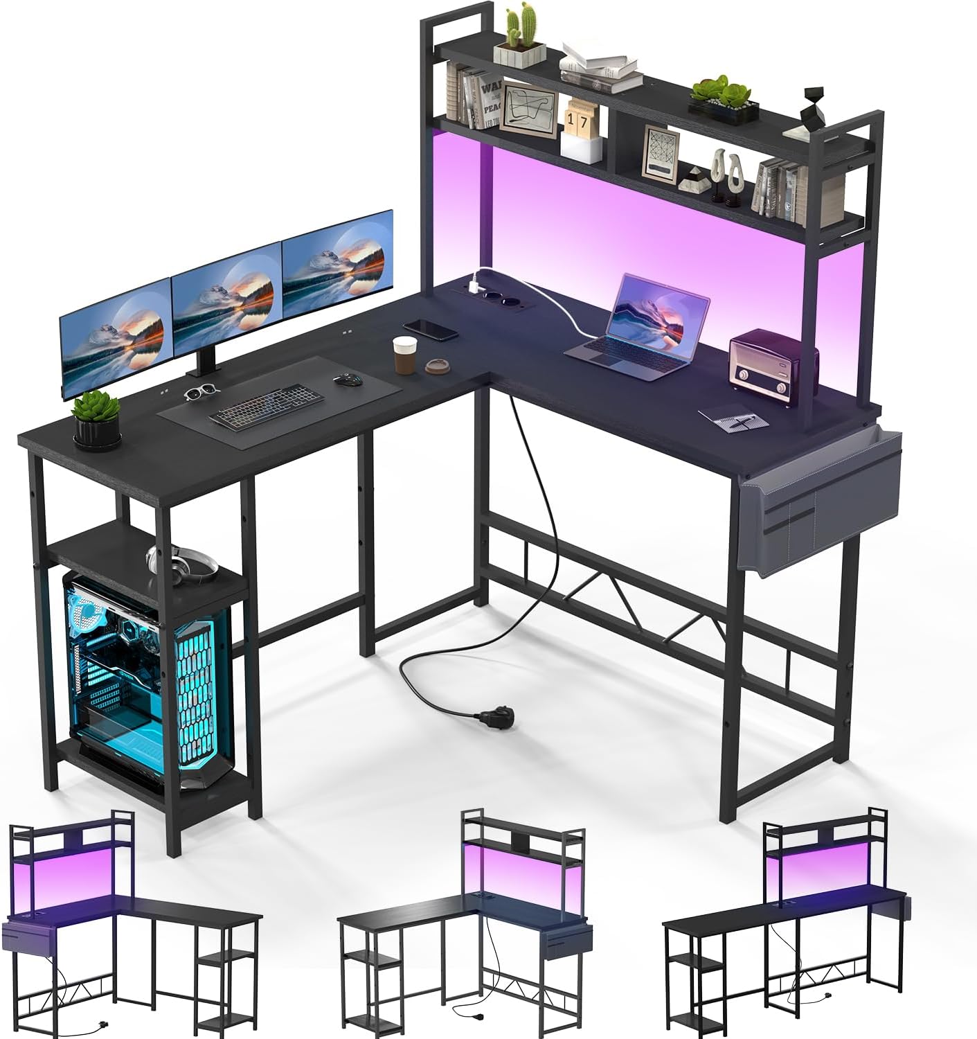 Devoko LED Gaming Desk, Bureau d'angle Gaming Desk avec 2 Prises de ...