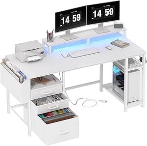 Lufeiya White Computer Desk with File Drawers Cabinet, 55 Inch Home ...