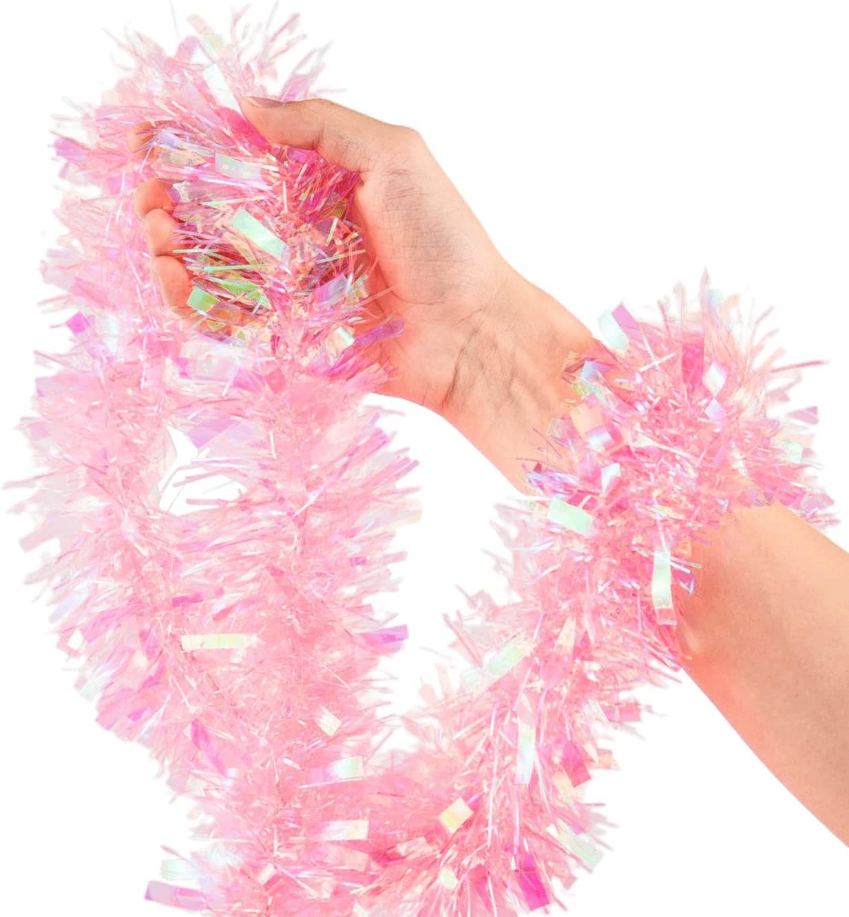 Amazon.com: 26.2 Ft Tinsel Garland, Pink Iridescent Holiday Metalic ...