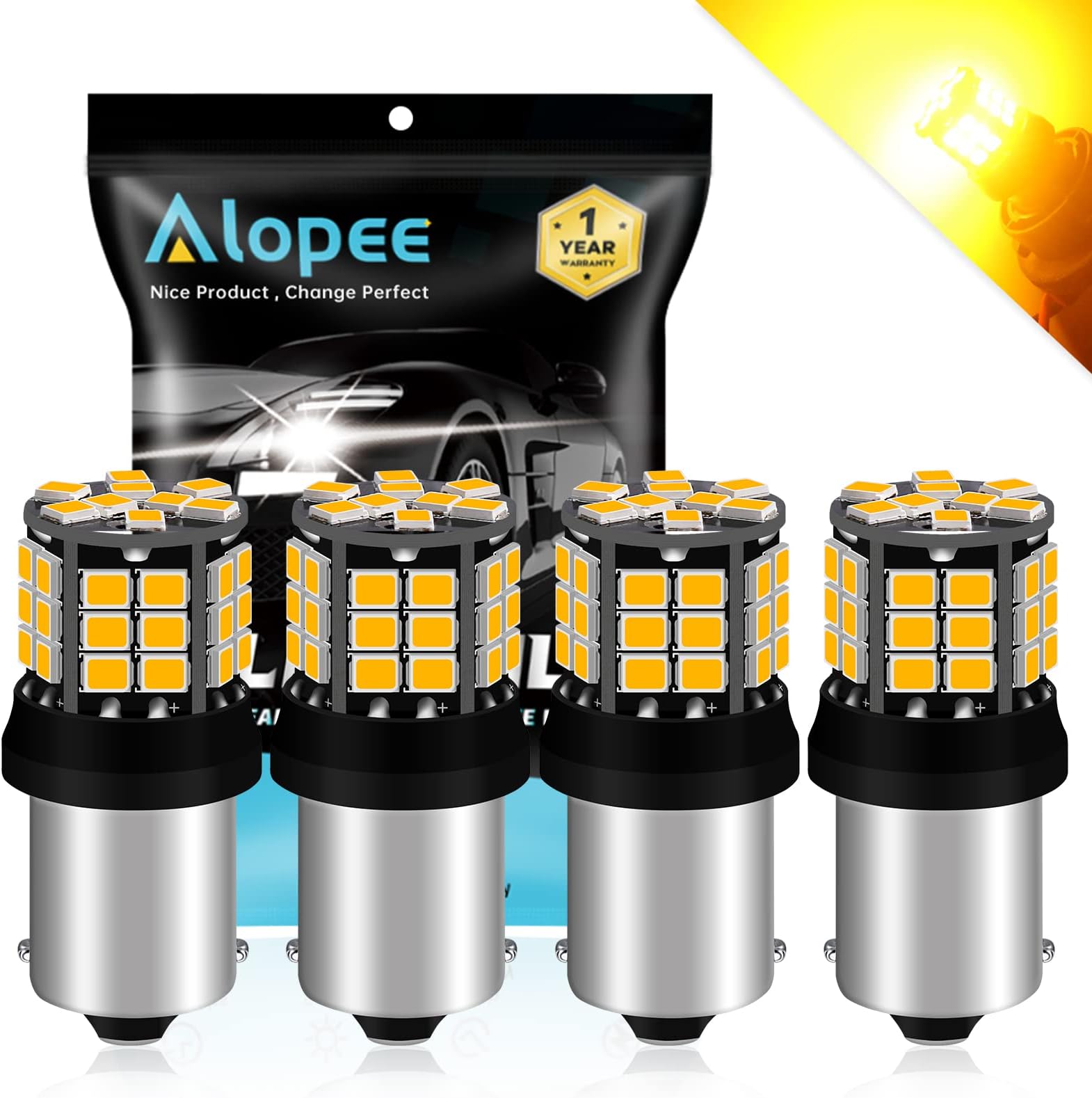 Alopee 4-Pack P21W 1156 BA15S LED Bulbs, Extremely Bright Amber/Yellow ...