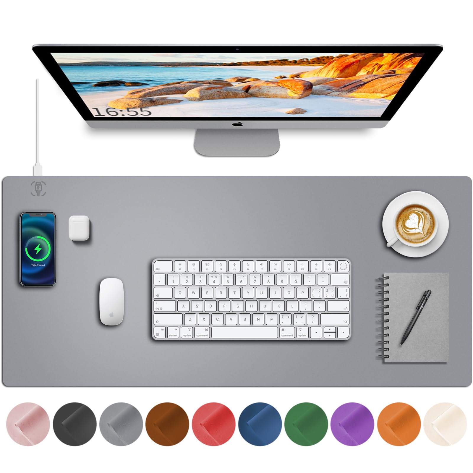 Amazon.com: Desk Mat with Wireless Charging, Gray Mouse Pad with ...