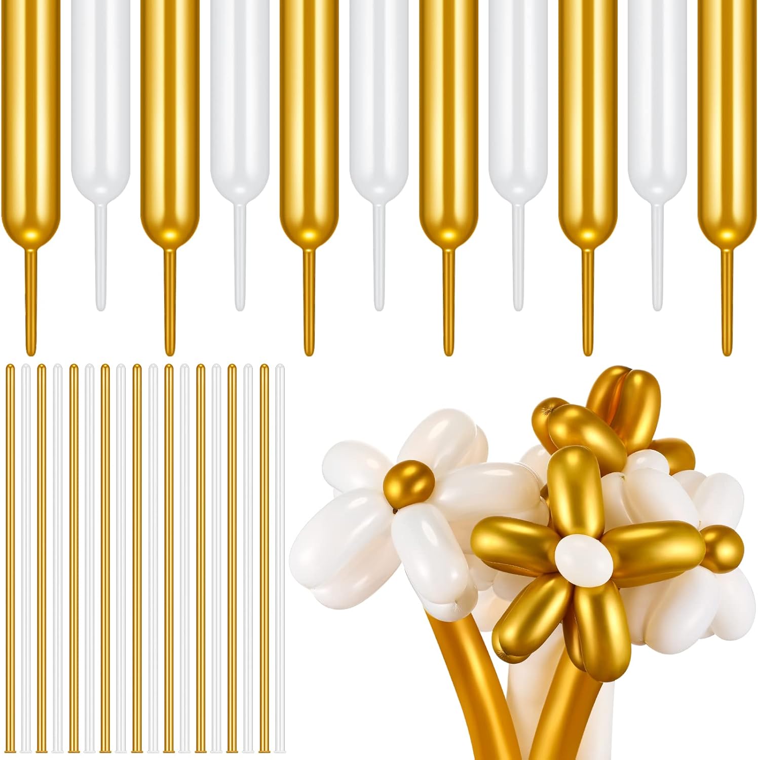 Amazon.com: 50 Pcs Metallic 260 Balloons Gold and White Twisting Long ...
