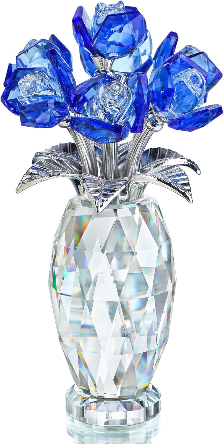 Amazon.com: H&D HYALINE & DORA Blue Crystal Rose Flower Paperweight,Glass Flower Gifts for Women ...