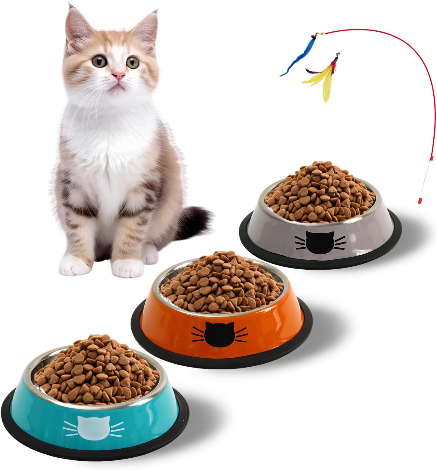 Katzennapf 3er Set + Katzenspielzeug, Futternapf Katze, Edelstahl ...