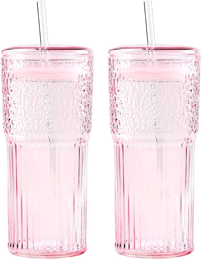 GOSCHE Glass Cups with Straws and Lids 2Pcs, 20oz Drinking Jar Glass ...
