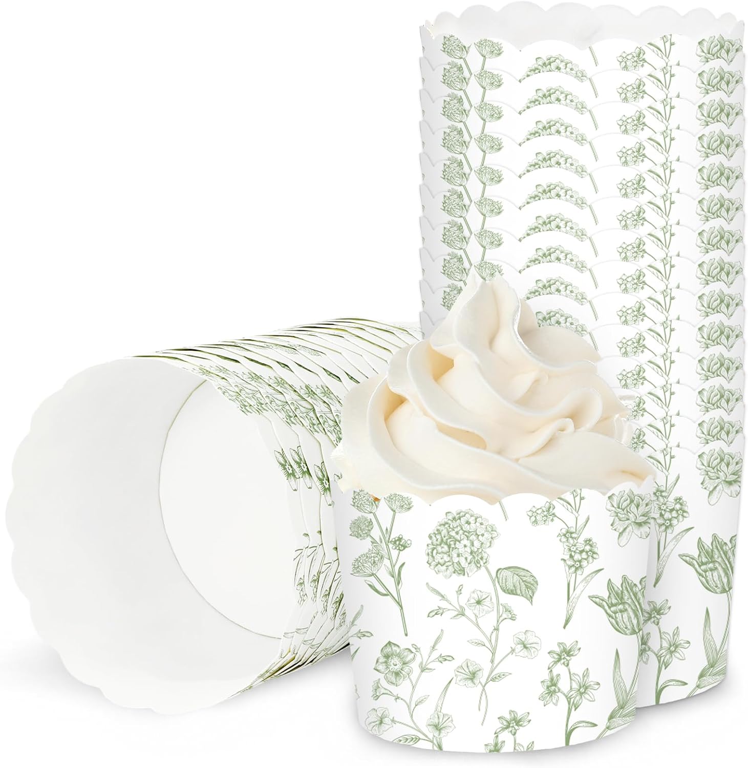 Amazon.com: JarThenaAMCS 100Pcs Sage Green Floral Paper Baking Cups ...