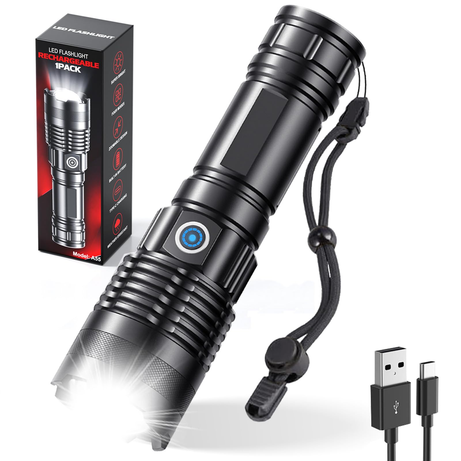 Rechargeable Flashlights High Lumens, 1 Pack Super Bright Tactical ...