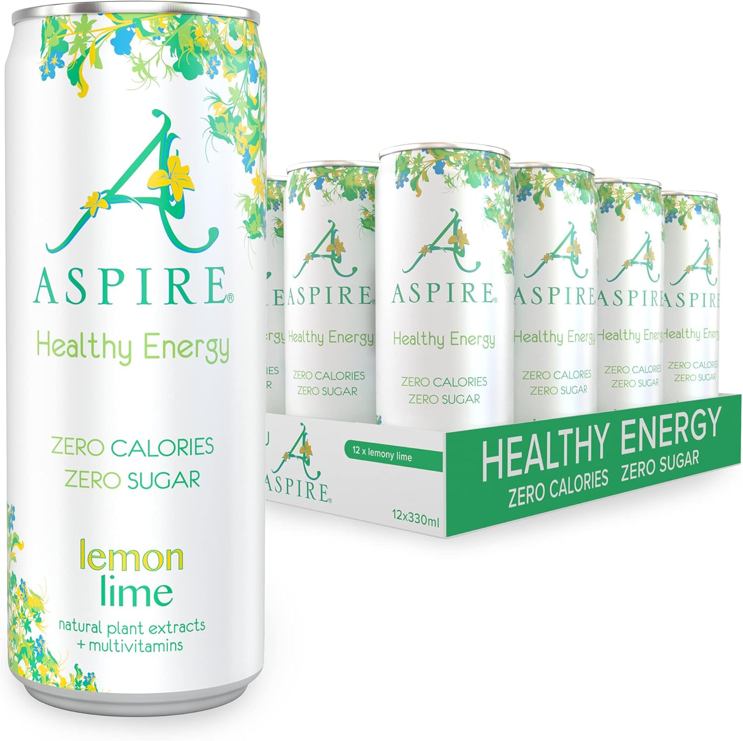 ASPIRE Healthy Energy Drink – 12 x 330ml Cans – Zero Calories & Zero Sugar – Natural Plant Based ...