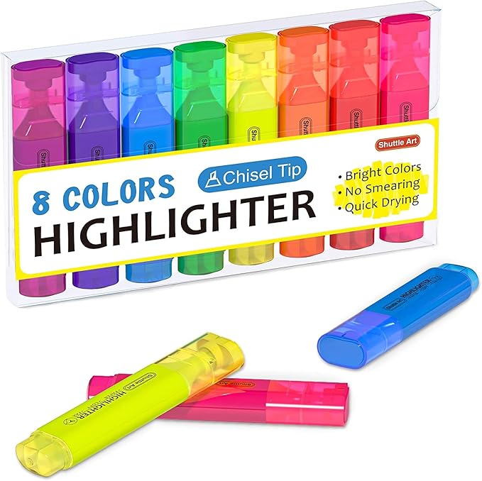 Shuttle Art Highlighters, 8 Assorted Colors Highlighter Pens, Chisel ...