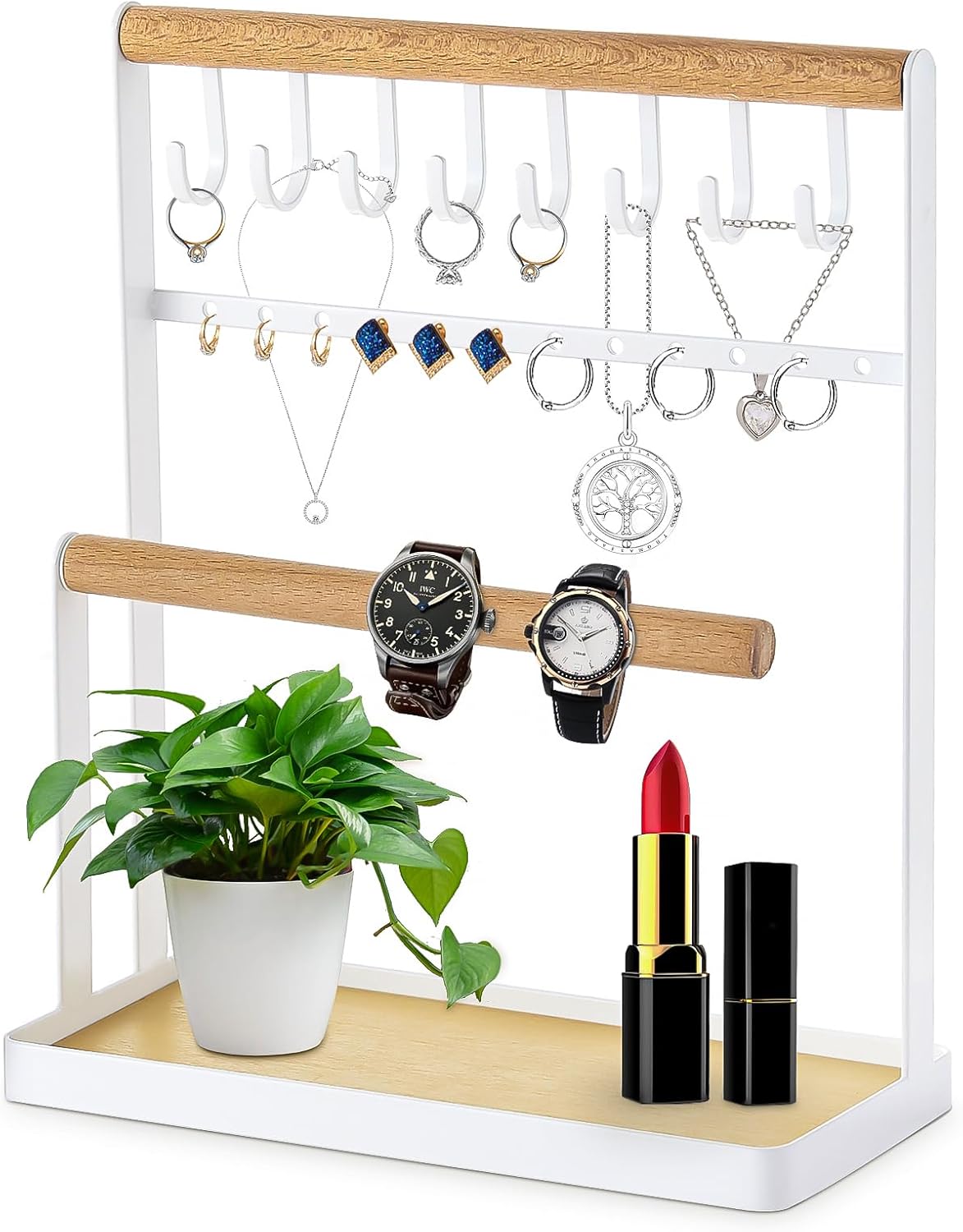 GOEDEKE Jewellery stand, 8 Hooks &12 Holes stand organiser wooden white ...