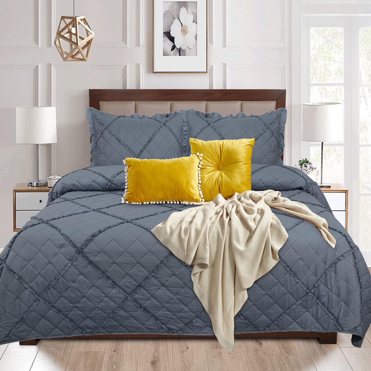 King Size Bed Throw Bedspreads - Quilted Embossed Ruffle Design Stylish ...