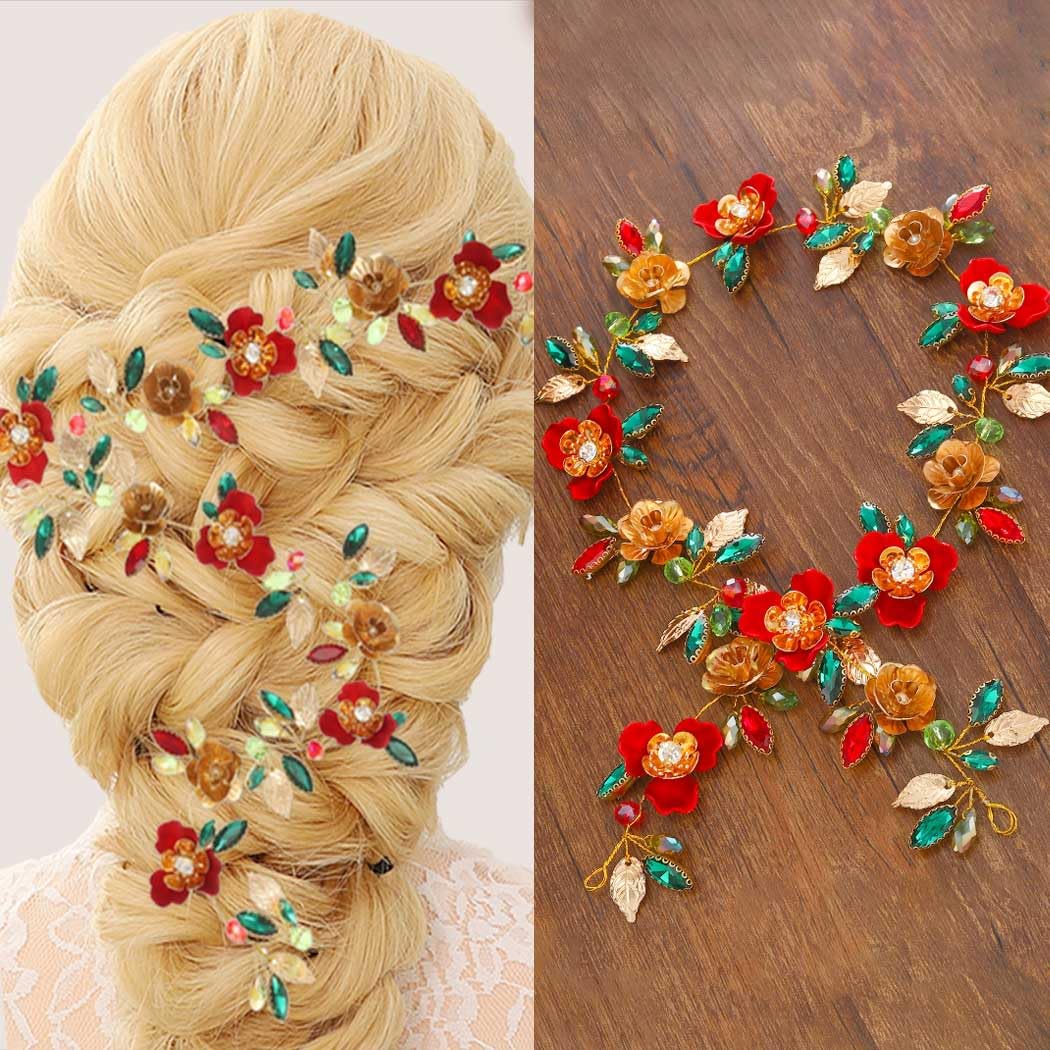 Amazon.com : CASDRE Vintage Red Flower Wedding Hair Vine Green ...