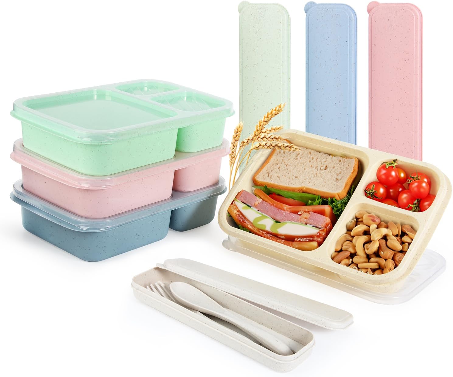 Amazon.com: YULEER Wheat Straw Bento Lunch Boxes - Reusable 3 ...