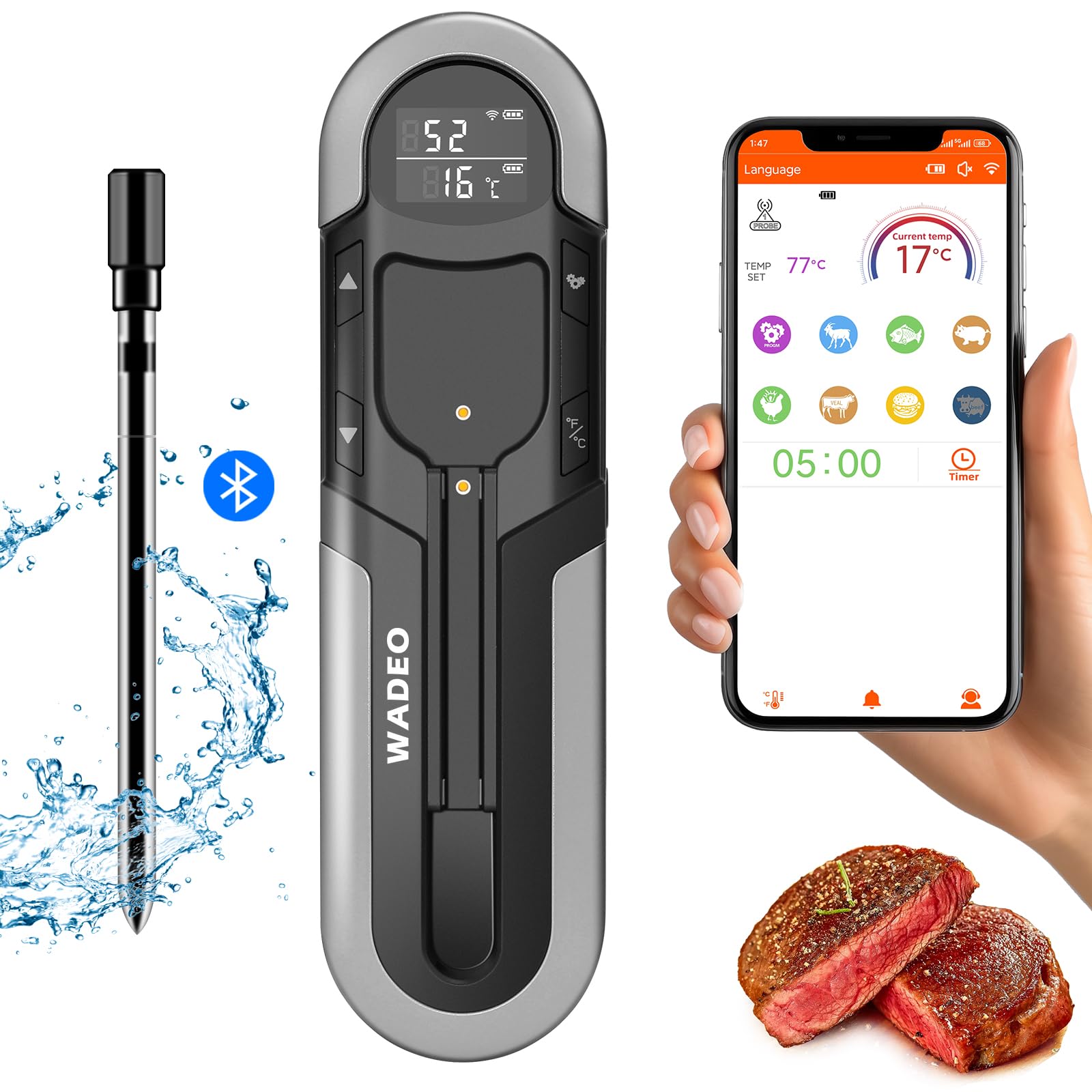 Amazon.com: WADEO Bluetooth Meat Thermometer, Wireless Meat Thermometer ...