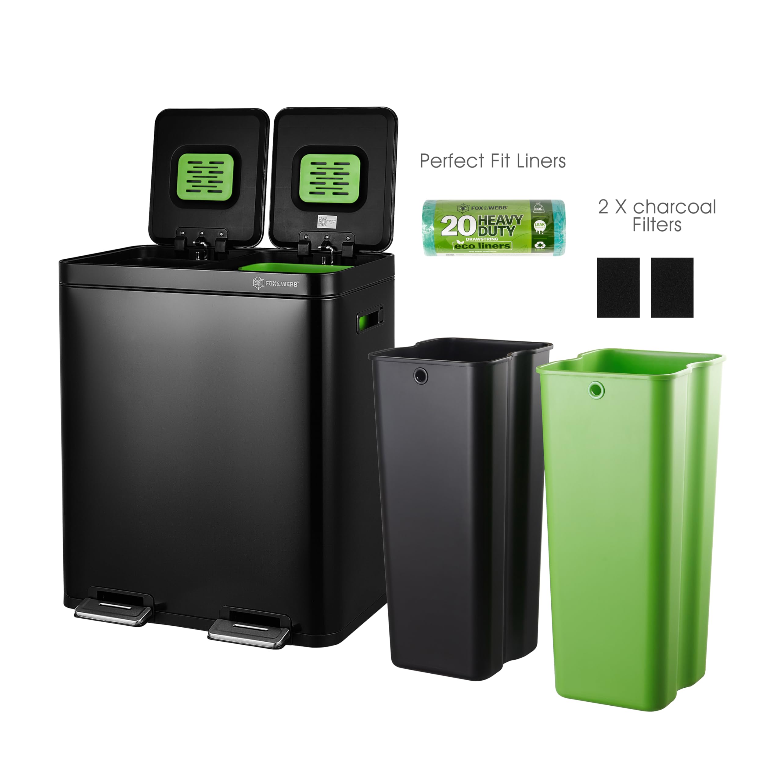 Fox & Webb - Dual Rubbish Bin for Kitchen, 60L, Recycling Bin with 20 ...
