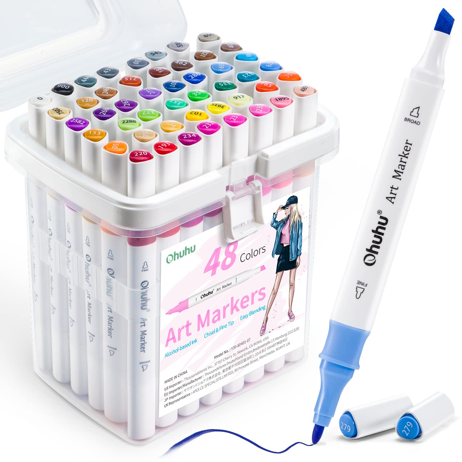 Ohuhu Markers 48 color Double Tipped Alcohol Markers Chisel Fine