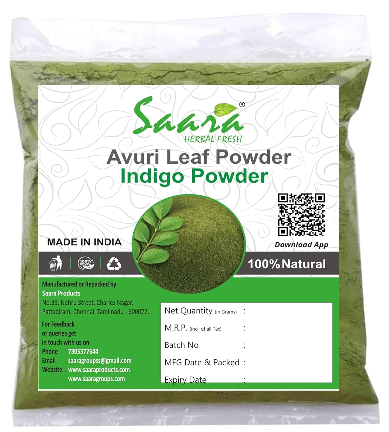 Saara HERBAL FRESH Avuri Leaf Powder, Indigo Powder, Neela Amari, Neel ...