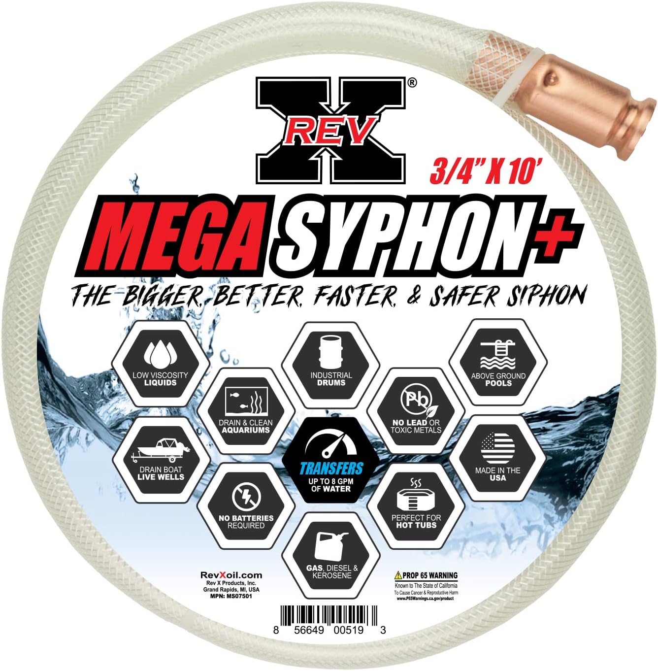 REV-X Mega Syphon - 3/4" x 10 Foot Long Self Priming Safe Siphon Hose ...