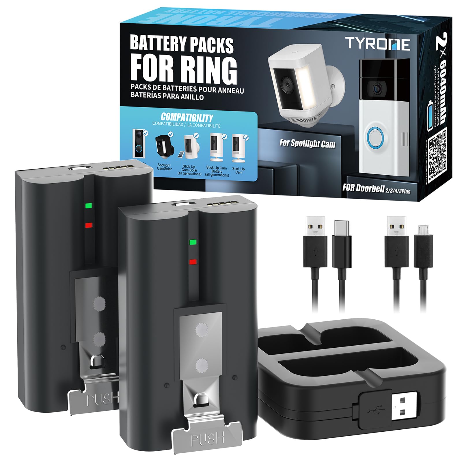 2 Pack 6040mAh Rechargeable Batteries with Charger Station for Ring ...