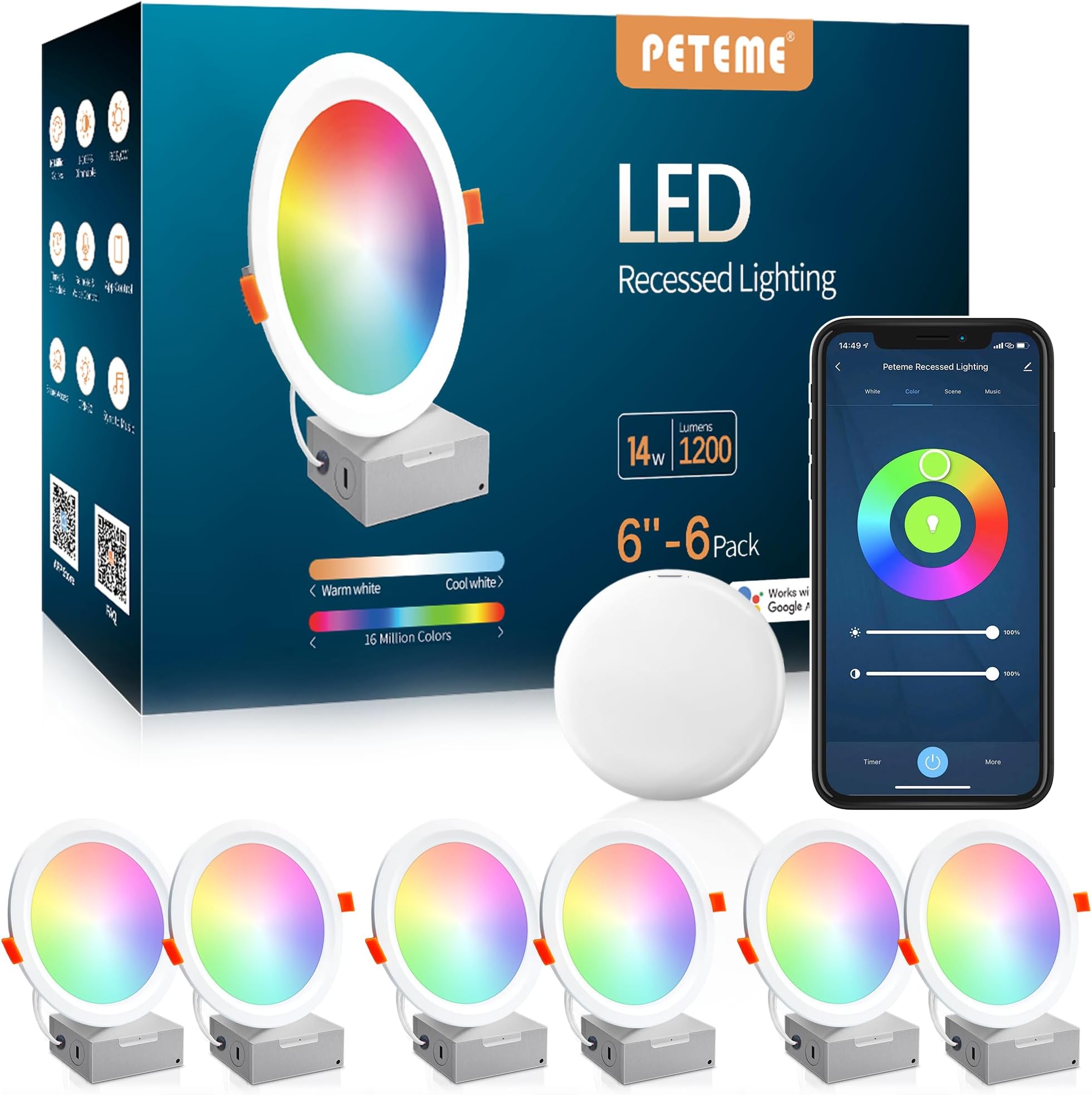 Peteme Smart LED Recessed Lighting 4 Inch 2 Pack RGBCW Color Changing ...