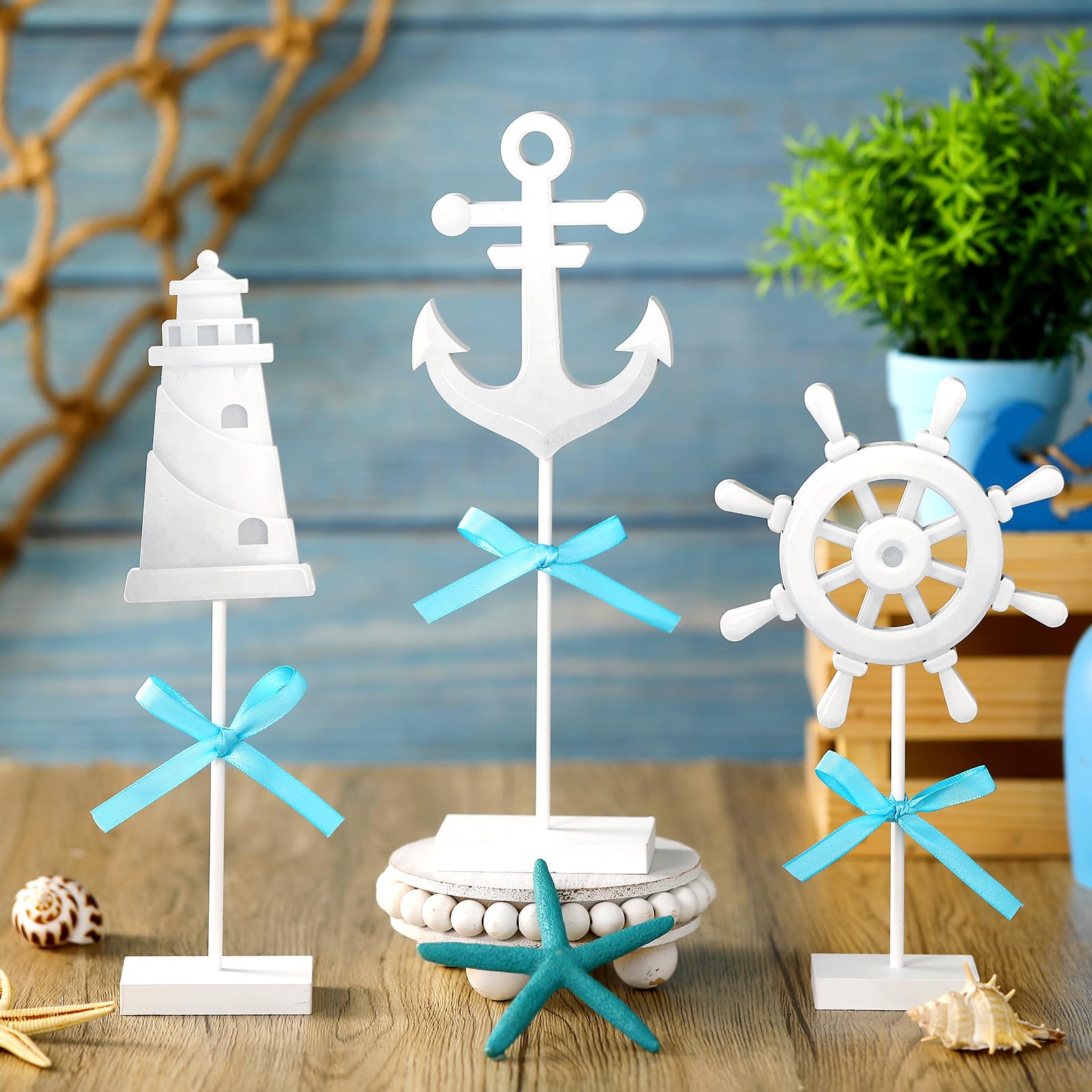 Amazon.com: Seeloowy 3 Pcs Summer Nautical Wood Table Decor Anchor ...