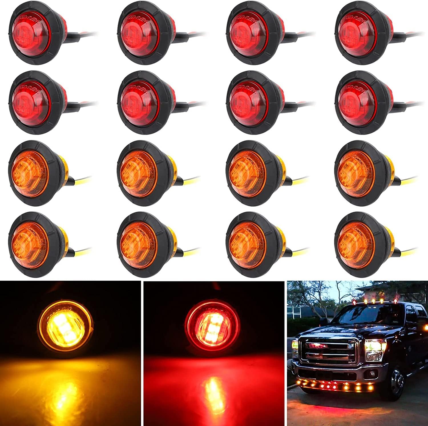 Linkstyle 16PCS LED Trailer Lights, 3/4" Round Marker Lights, 8 Amber ...