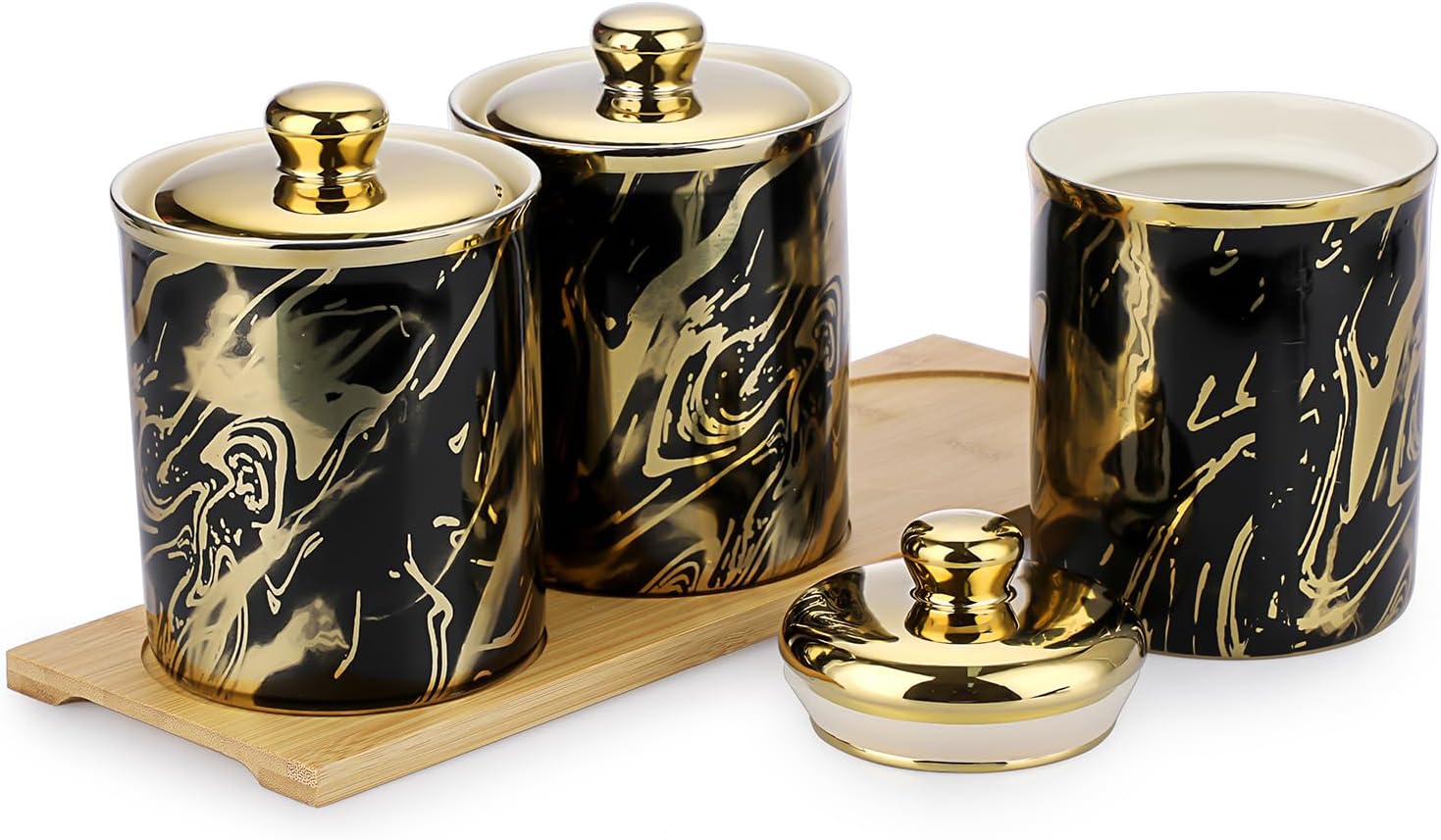 BTSKY Black and Gold Ceramic Canisters Set with Lid and Wood Tray ...