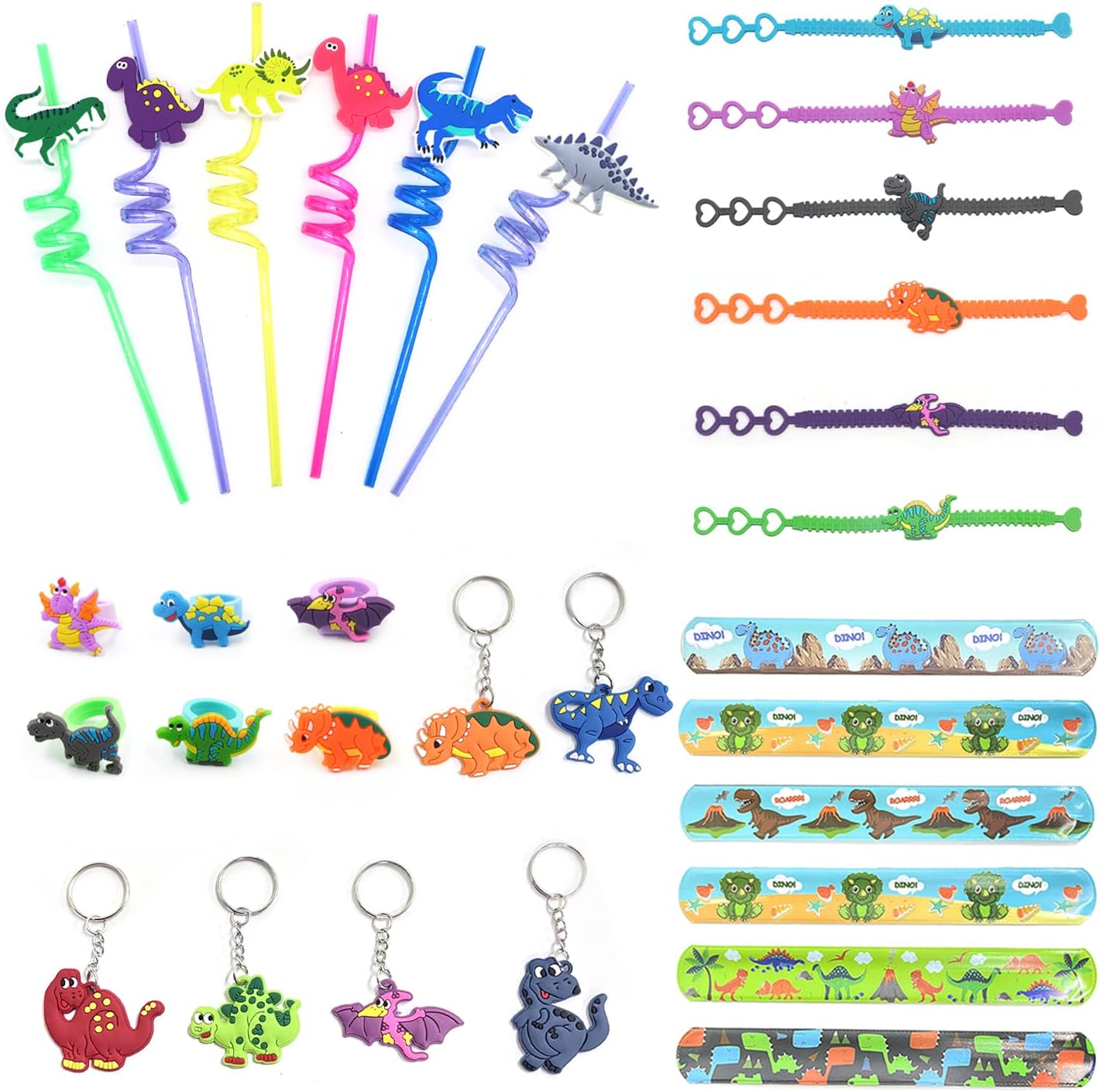 30 Dinosaur Party Favors, Dinosaur Ring Bracelet Keychain Straws ...