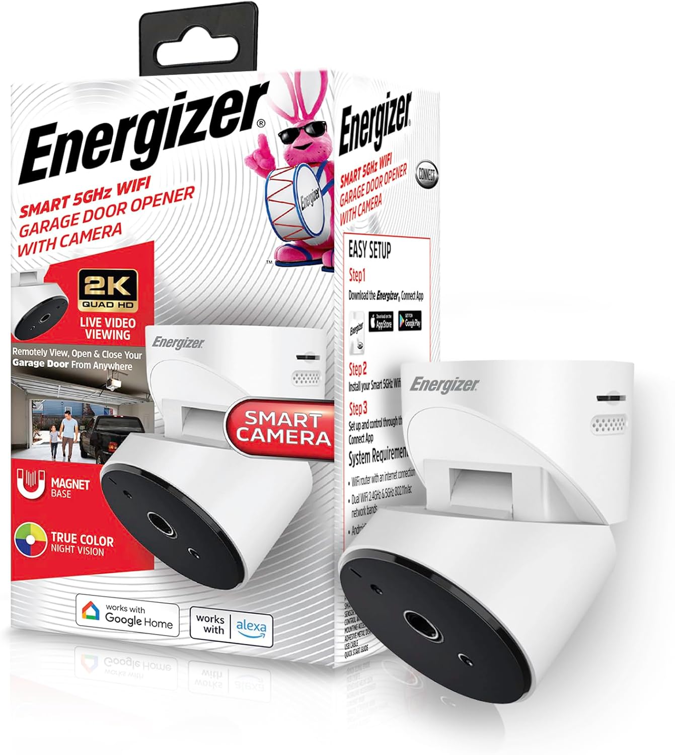 Energizer Smart 5GHz Garage Door Opener, 2K Camera, Remote Access, 2 ...