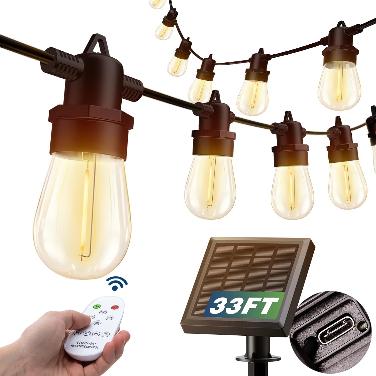 addlon 33(27+6) FT Solar String Lights Outdoor Waterproof with USB Port ...