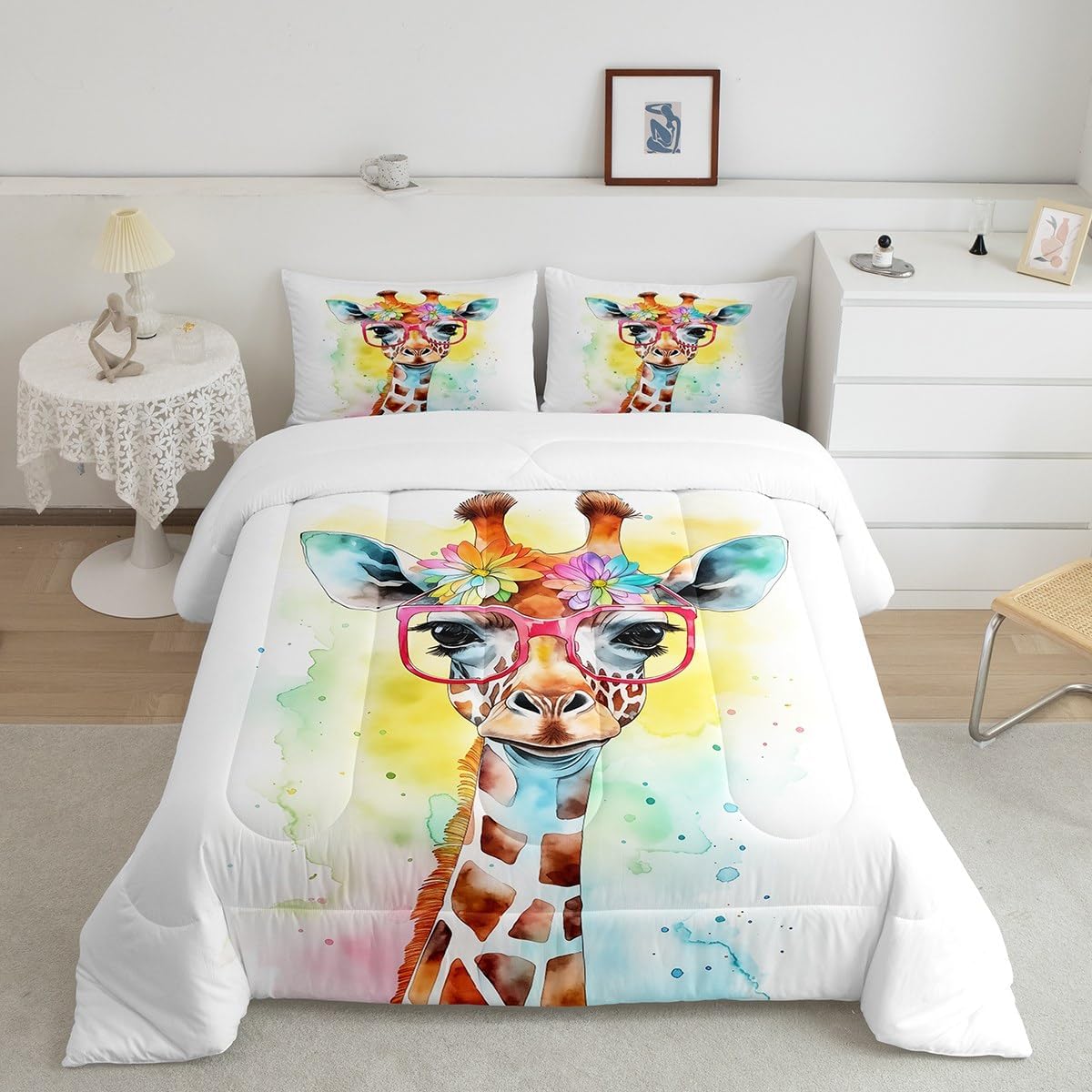 Amazon.com: Manfei Watercolor Giraffe Kids Comforter Set Twin Size ...