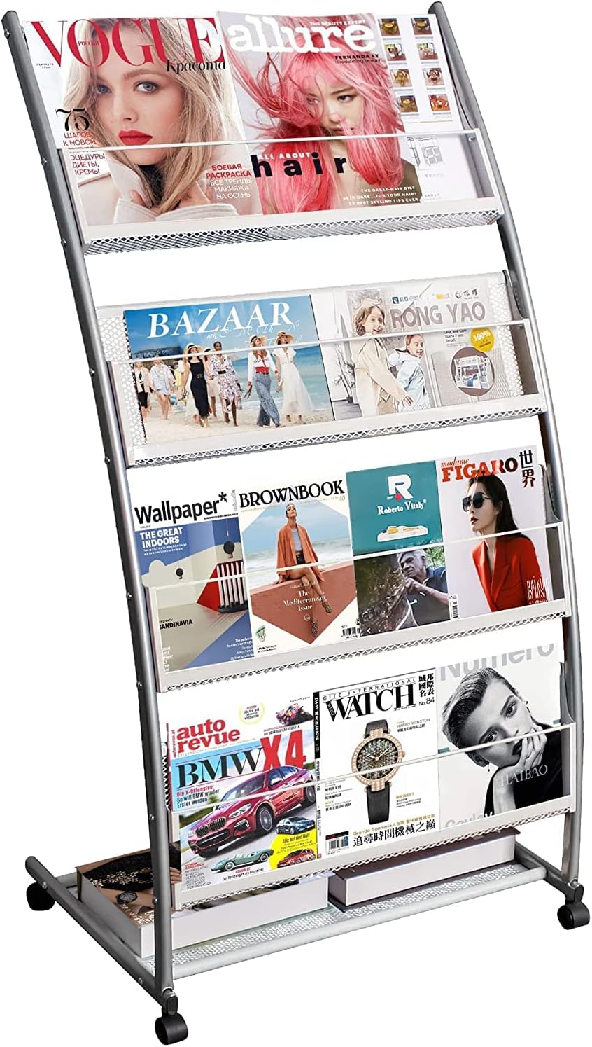 LIWSHWZ 4 Pocket Magazine Rack Stand with Wheels, Magazine Display ...
