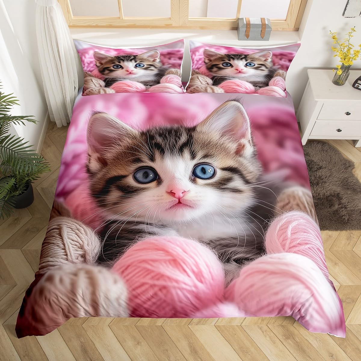 Homemissing Cute Cat Bedding Set Girl Pink Cat Bedding Set Kids Animals ...