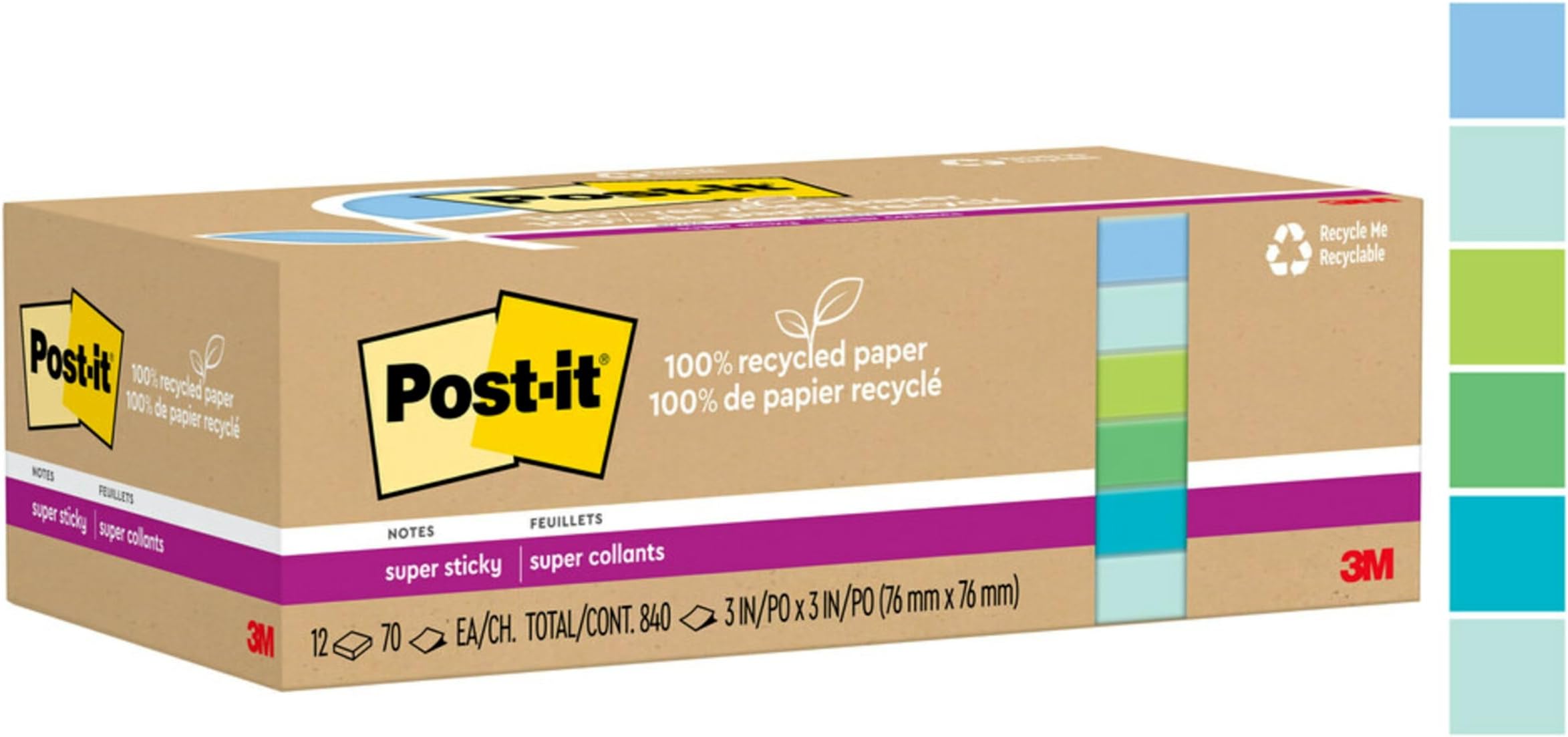 Amazon.com : Post-it 100% Recycled Paper Super Sticky Notes, 2X The ...