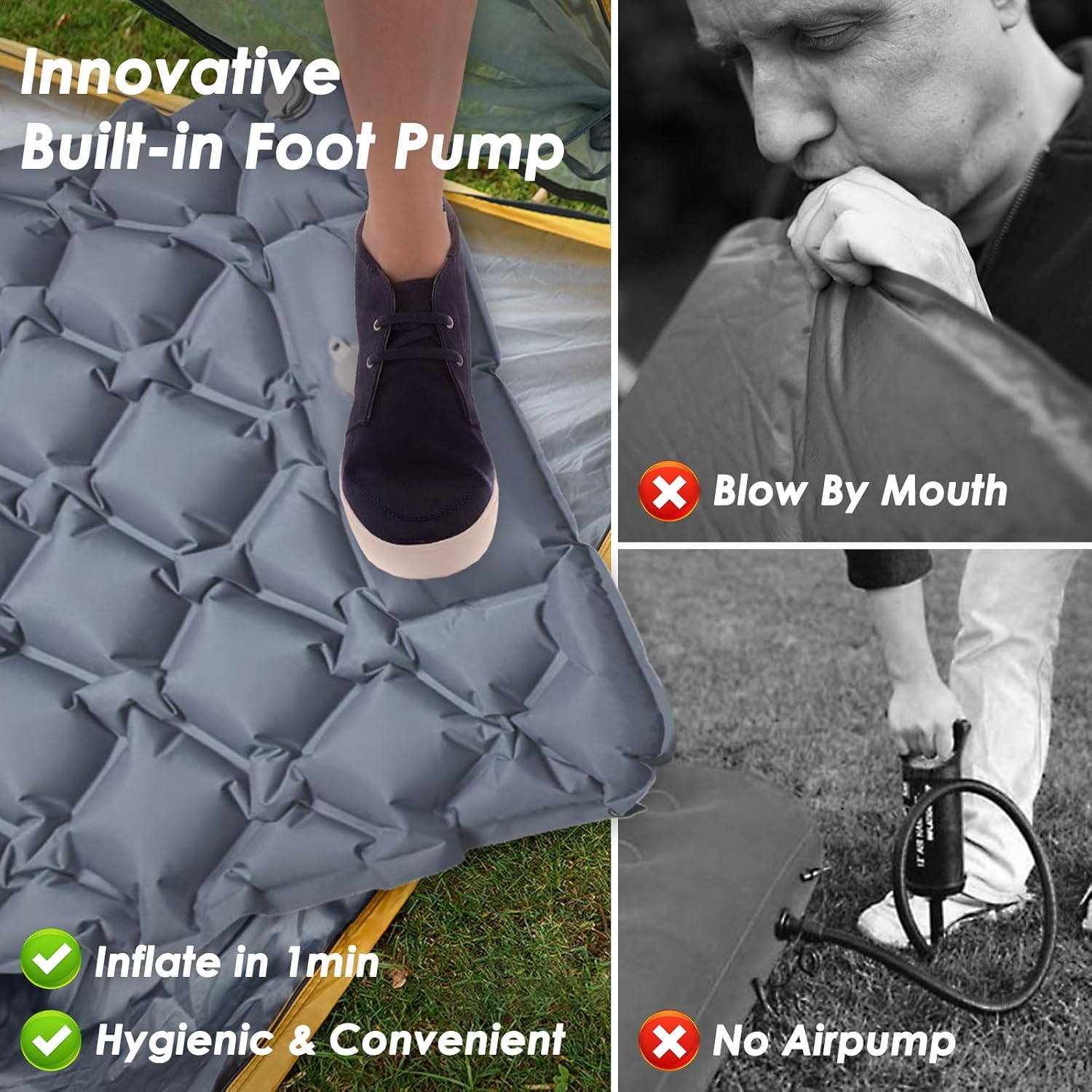 Colchoneta de dormir para camping, colchoneta inflable ultraligera compacta con bomba de pie ...